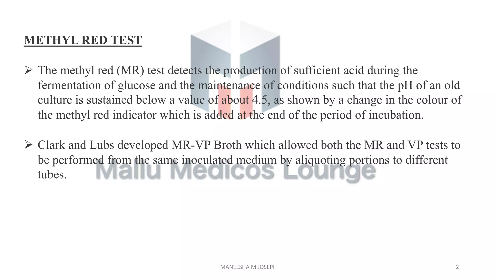 Methyl Red (MR) and Voges-Proskauer (VP) Test | PDF