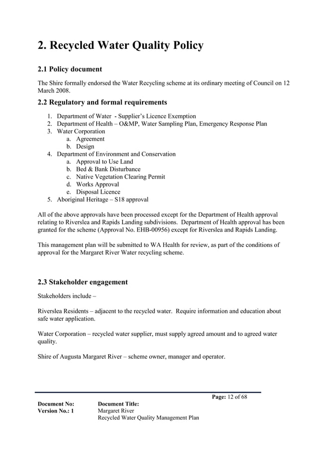 Recycled Water Quality Management Plan - Margaret River Water Recycling ...