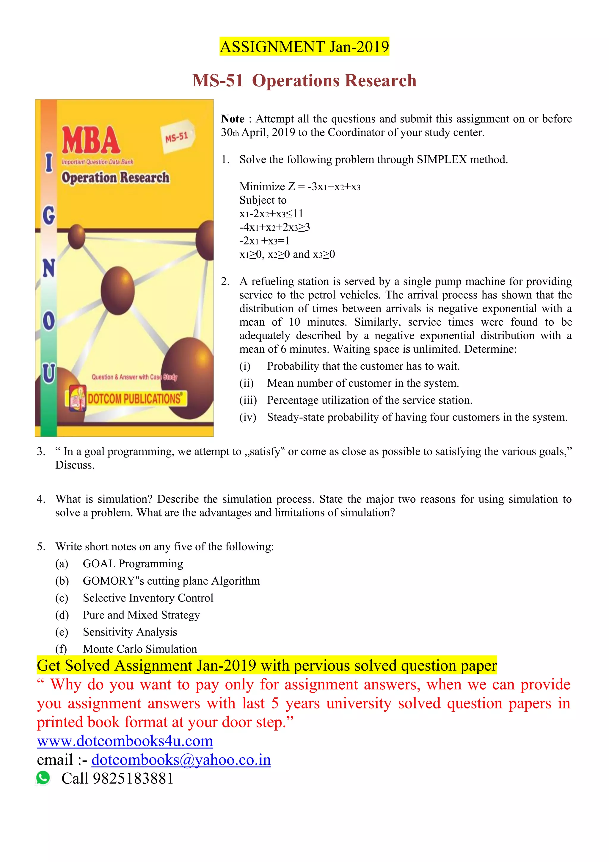 ASSIGNMENT Jan-2019 MS-51 Operations Research | PDF