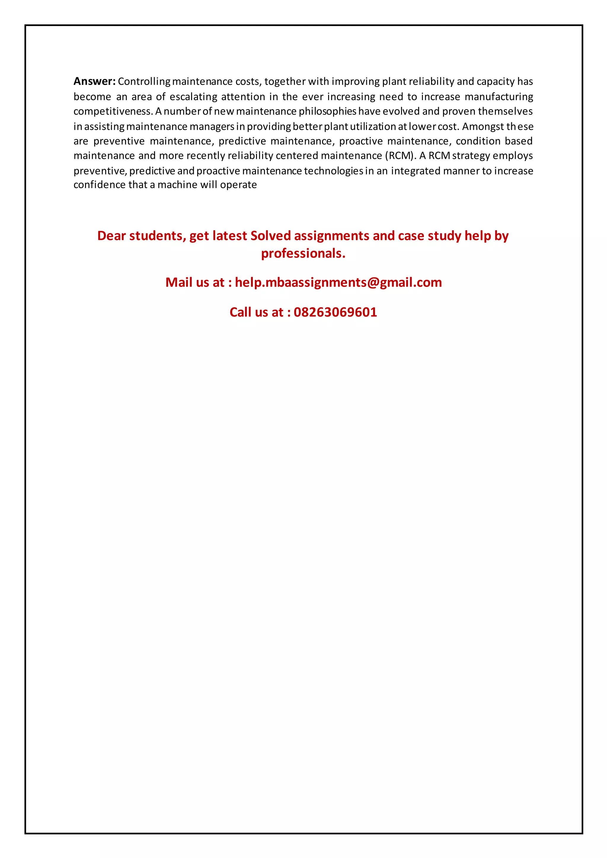 Ms 57 - maintenance management - ignou latest mba solved assignments | PDF