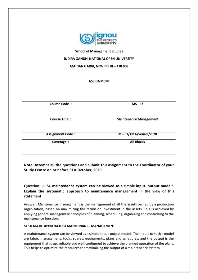 Ms 57 - maintenance management - ignou latest mba solved assignments ...