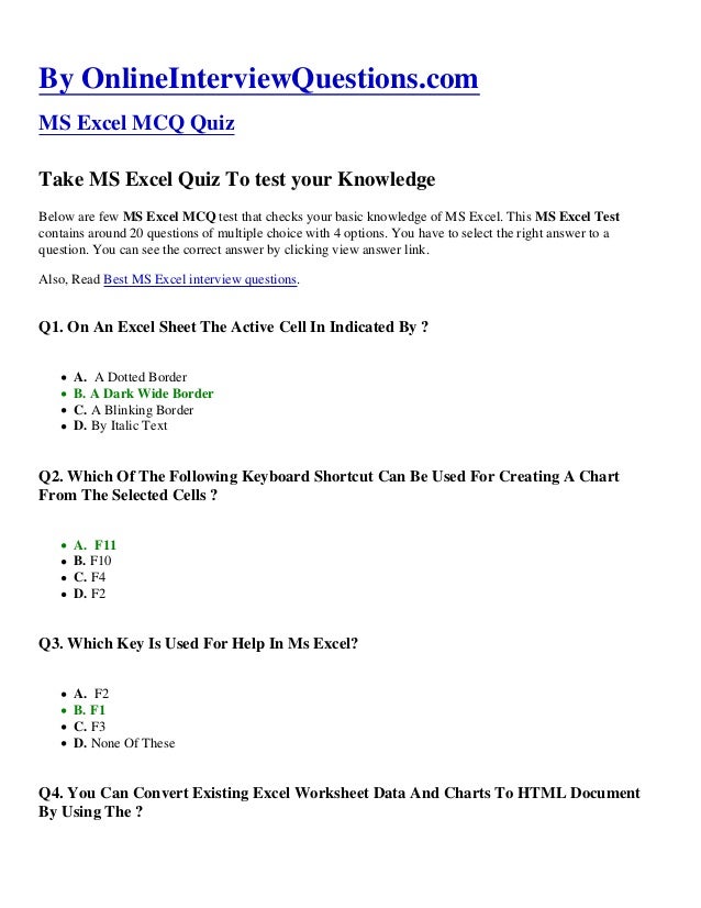 MS Excel MCQ Questions and Answers MS Excel MCQ Questions and Answers