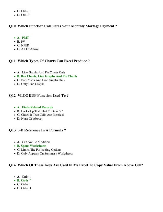 MS Excel MCQ Questions and Answers MS Excel MCQ Questions and Answers