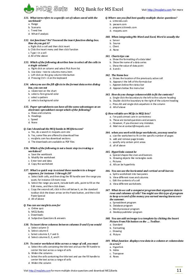Microsoft Excel Mcq Bank From Multiple Choice Questions 