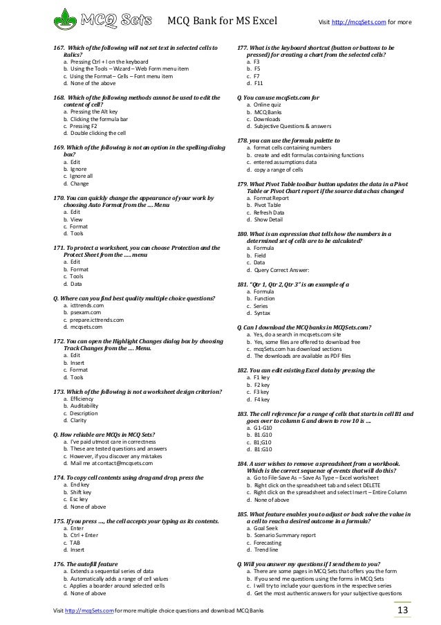 Microsoft Excel Mcq Bank From Multiple Choice Questions