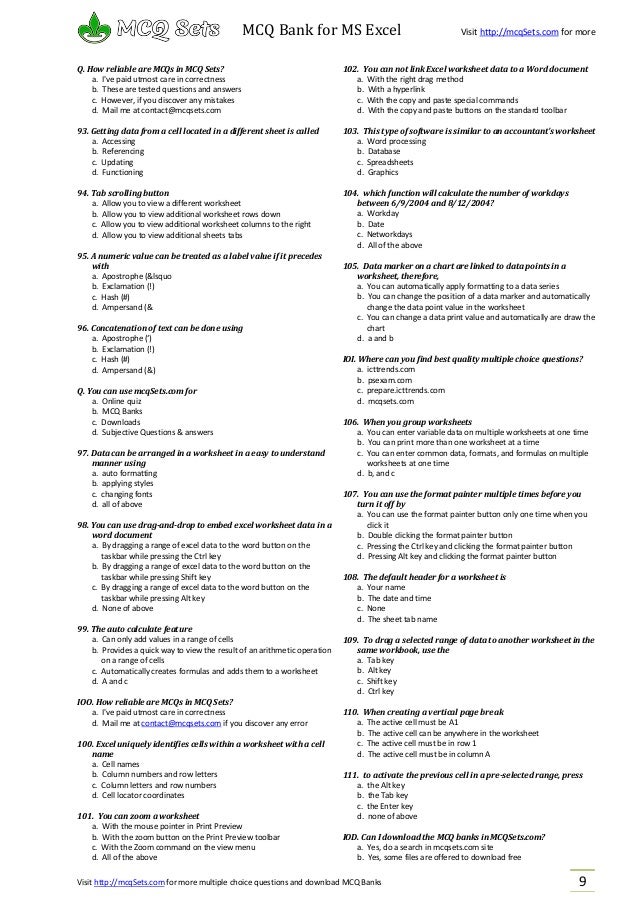 excel vba multiple choice questions and answers pdf