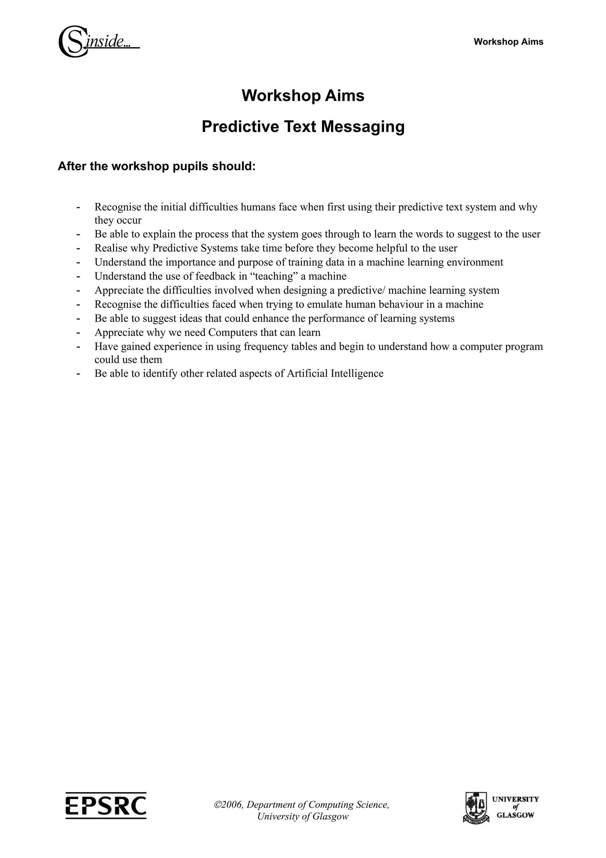 MS Word file Workshop Synopsis Predictive Text and Machine ... | DOC