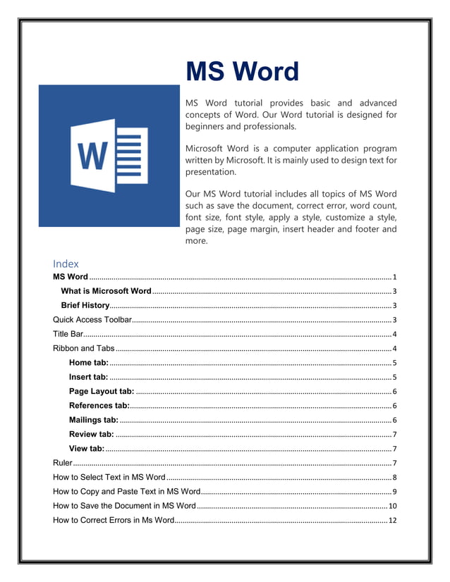 MS Word tutorial provides basic and advanced concepts of Word. | PDF