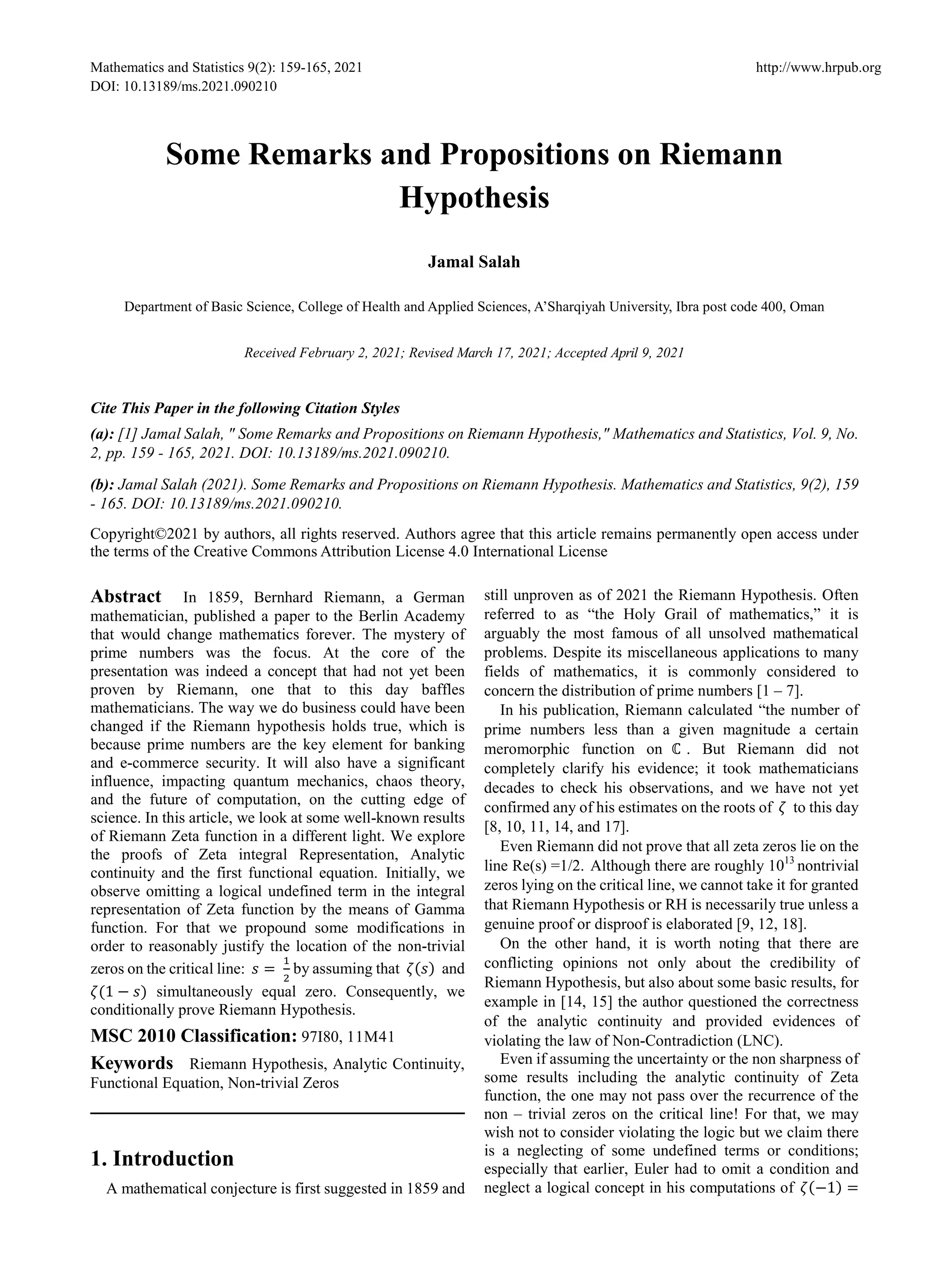 Some Remarks and Propositions on Riemann Hypothesis | PDF