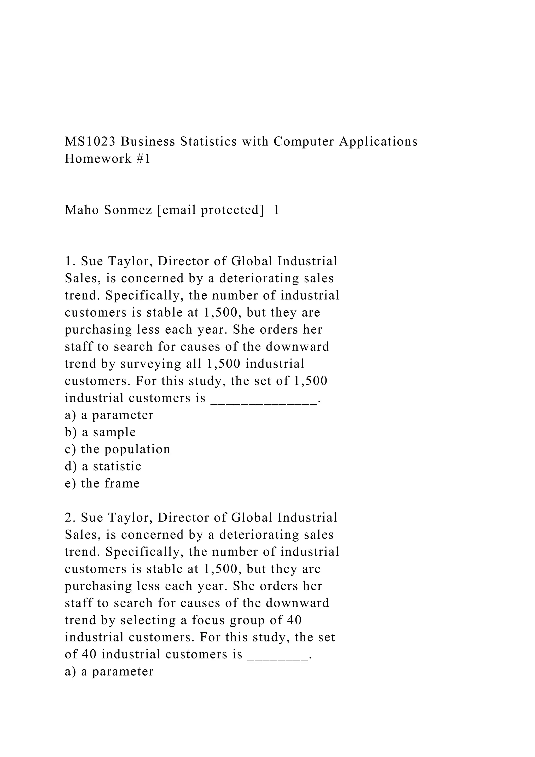 MS1023 Business Statistics with Computer Applications Homework.docx