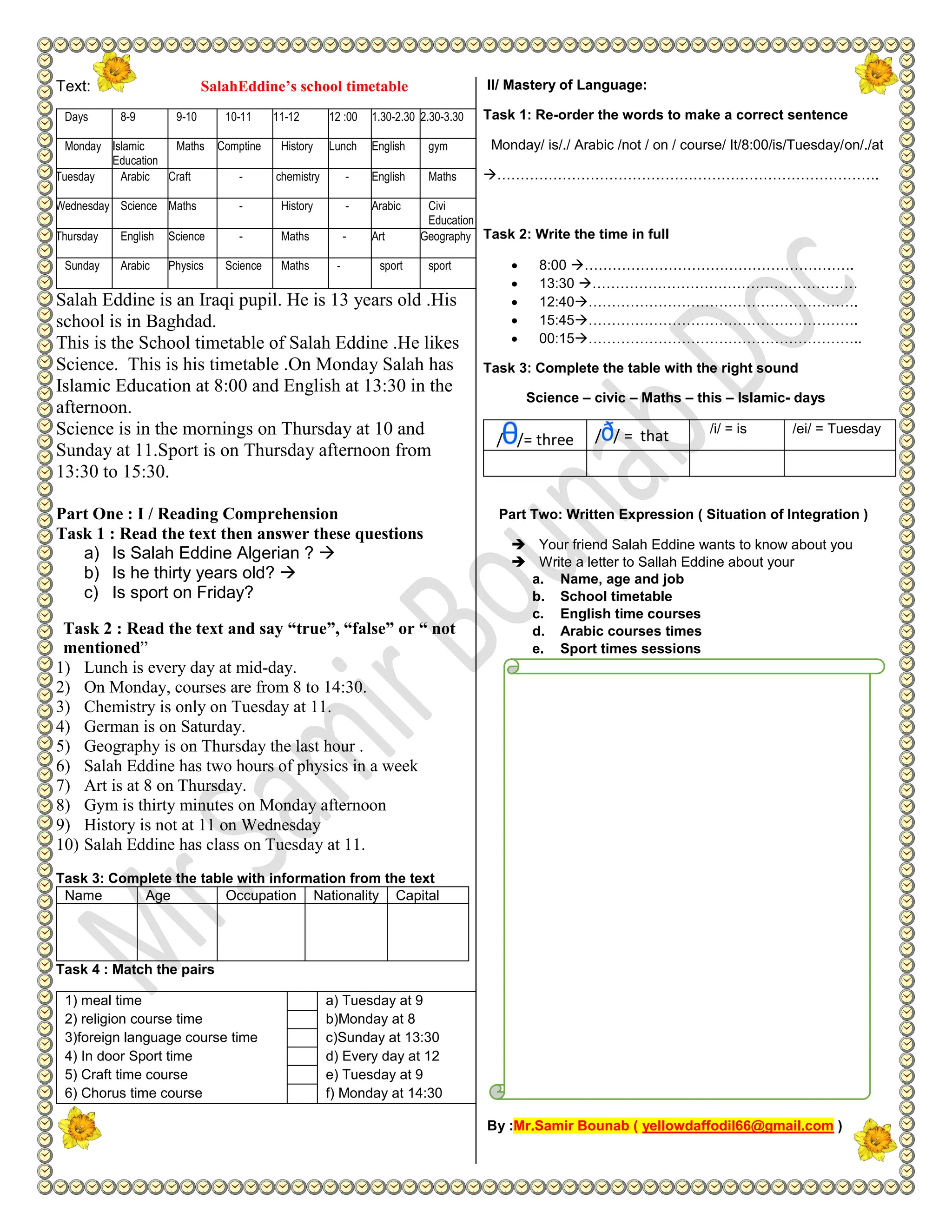 Asking & Telling the time & Sample text School timetable | PDF