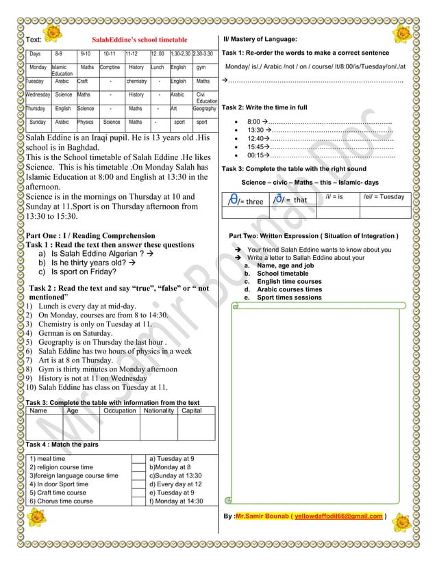 Asking & Telling the time & Sample text School timetable | PDF