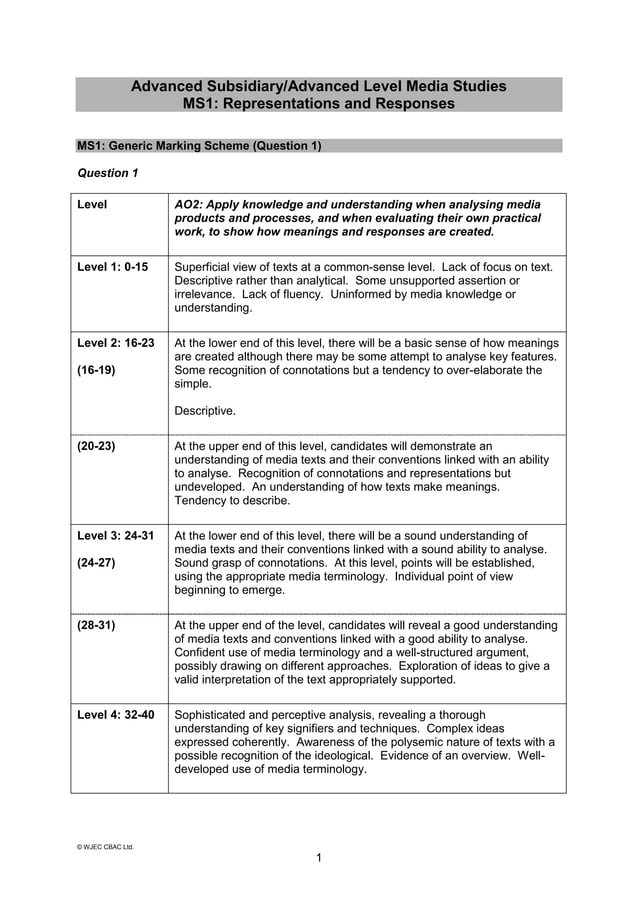 Mark Scheme - Media Studies AS Level | PDF