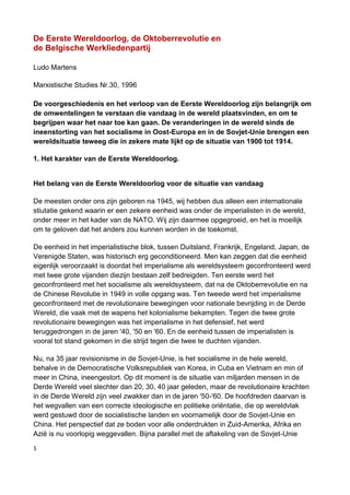 De Eerste Wereldoorlog, de Oktoberrevolutie en de Belgische Werkliedenpartij | PDF