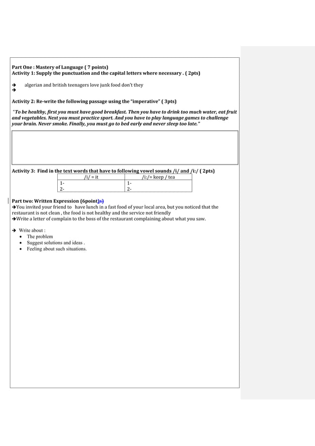 Ms4 level test " teen eating habits" | PDF