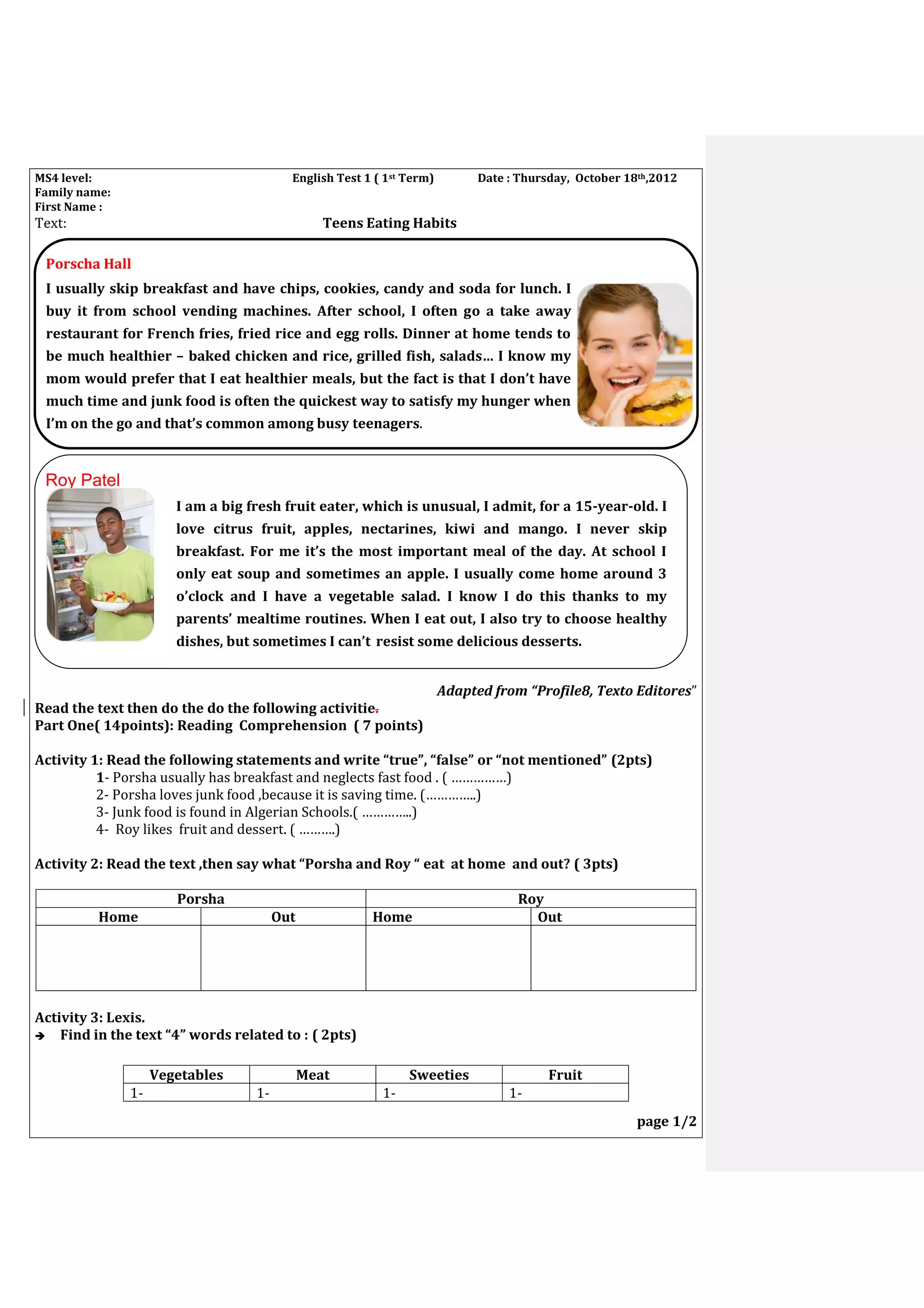 Ms4 level test 1 ( 1st term) "teens eating habits" | PDF