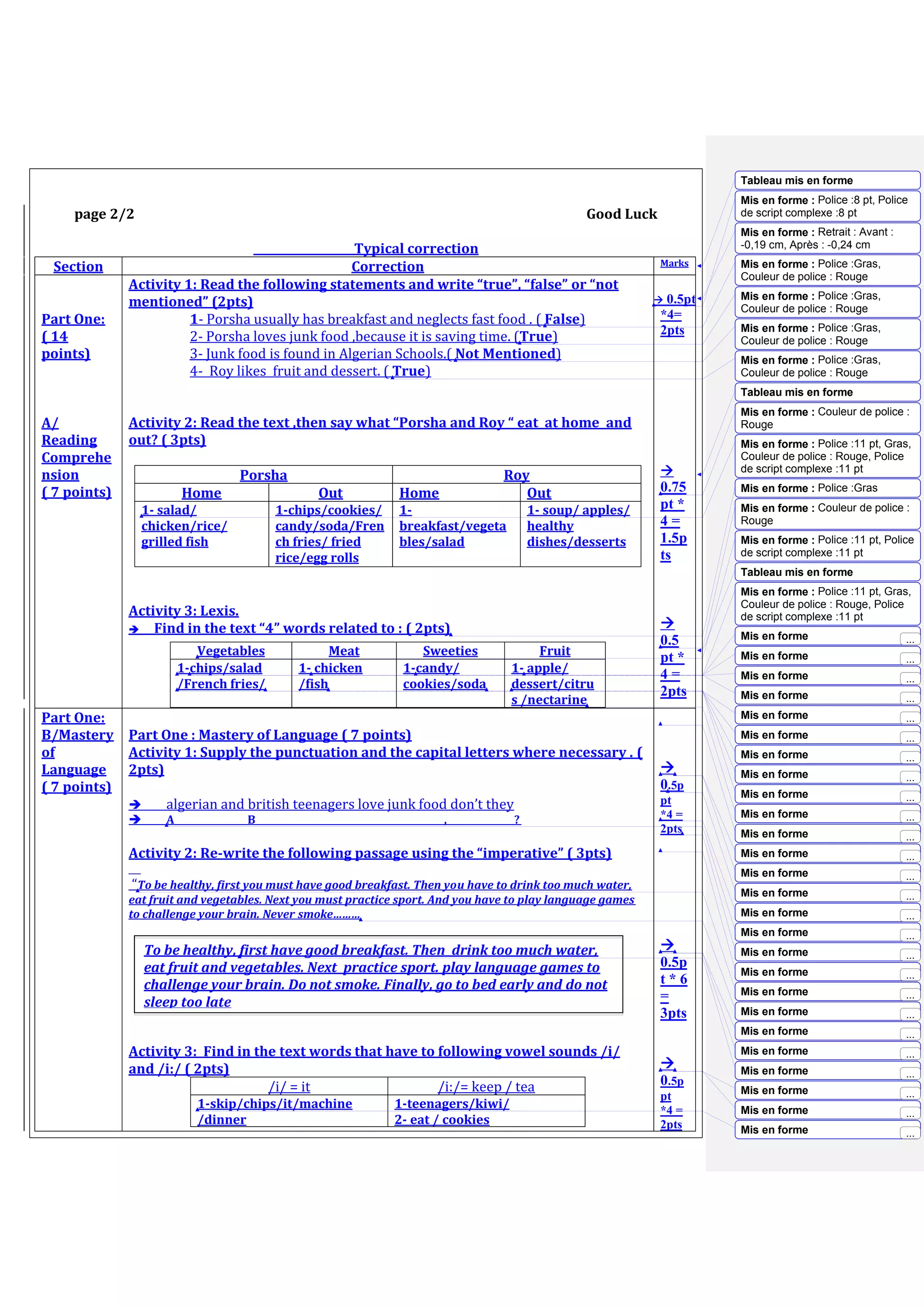 Ms4 level test 1 ( 1st term) "teens eating habits" | PDF