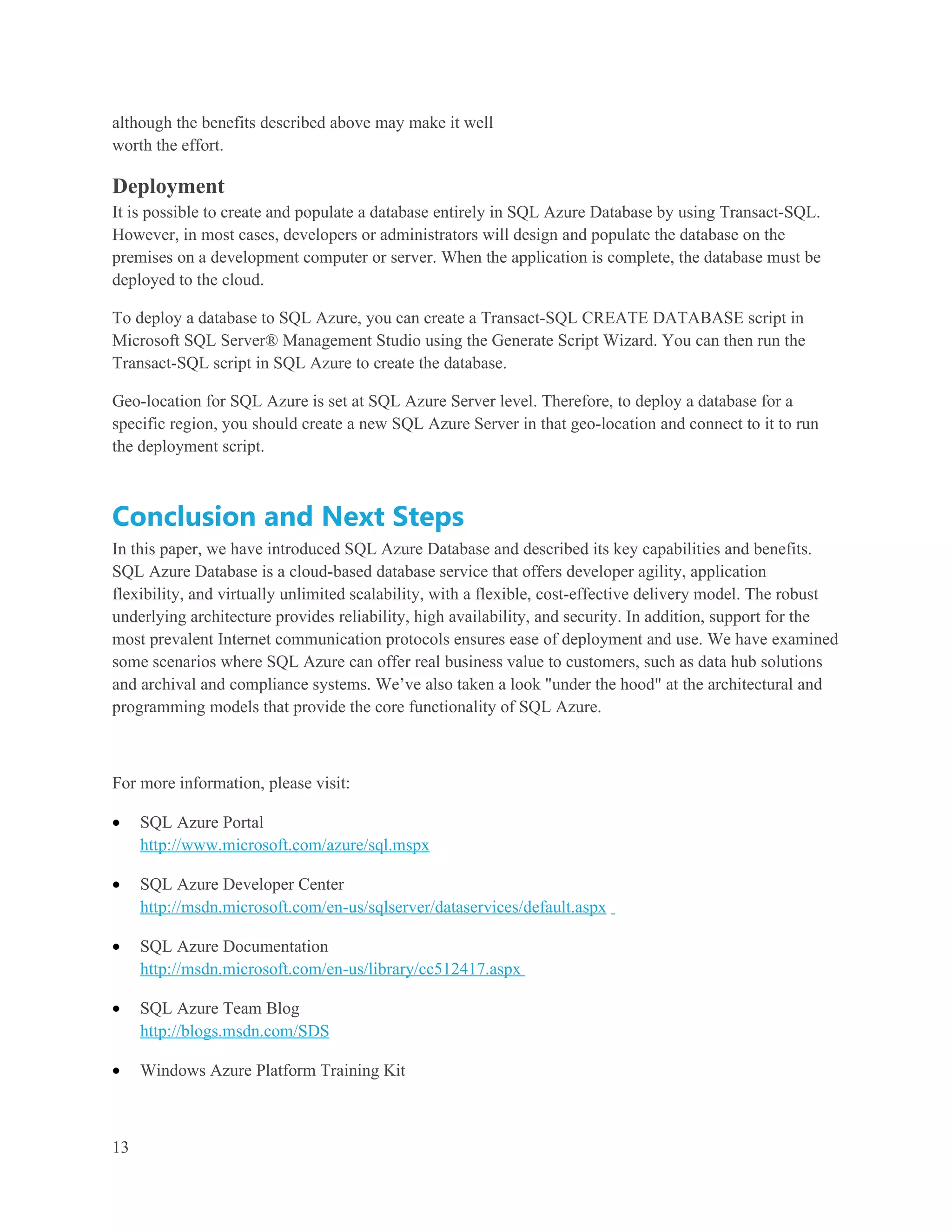 Sql Azure Database Whitepaper R01 Doc Databases Computer Software And Applications