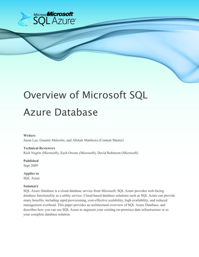 Sql Azure Database Whitepaper R01 Doc Databases Computer Software And Applications