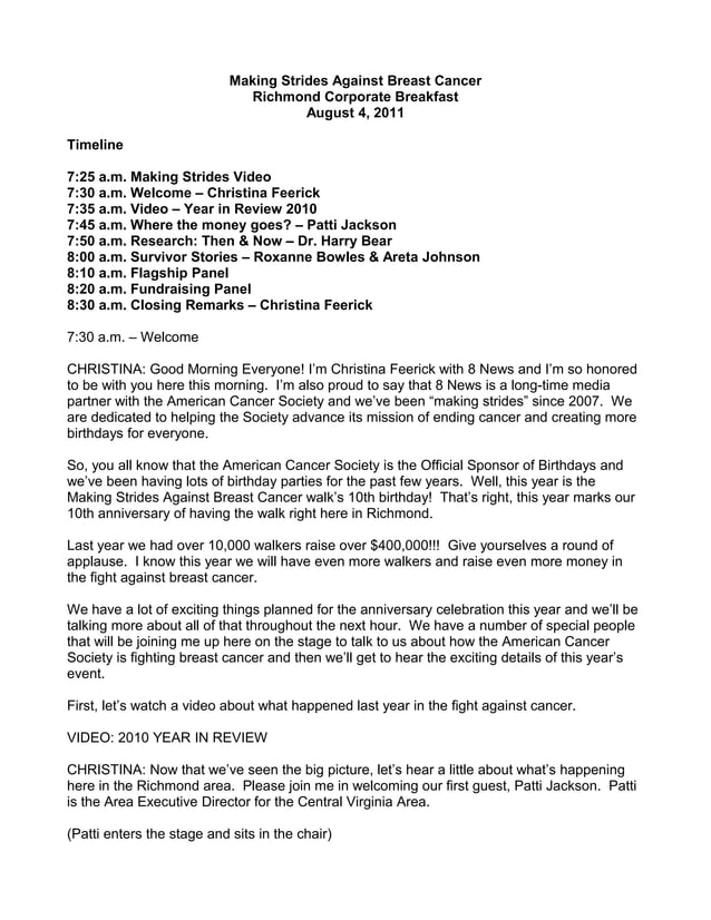 Making Strides Against Breast Cancer Corporate Breakfast Script | DOC