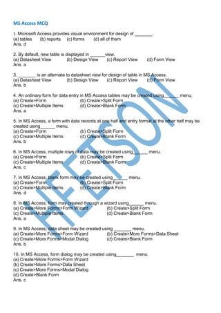 MS Access MCQ Questions (Microsoft Office) | PDF