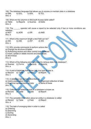 MS Access MCQ Questions (Microsoft Office) | PDF