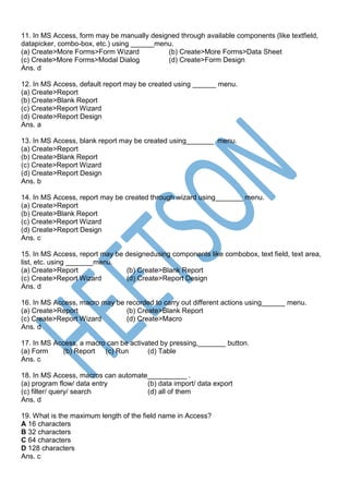 MS Access MCQ Questions (Microsoft Office) | PDF