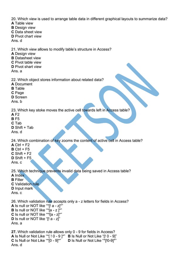 MS Access MCQ Questions (Microsoft Office) | PDF | Desktop Publishing | Computer Software and ...