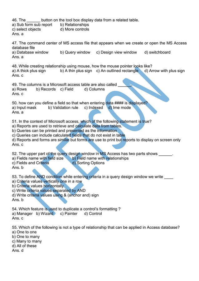 MS Access MCQ Questions (Microsoft Office) | PDF | Desktop Publishing | Computer Software and ...