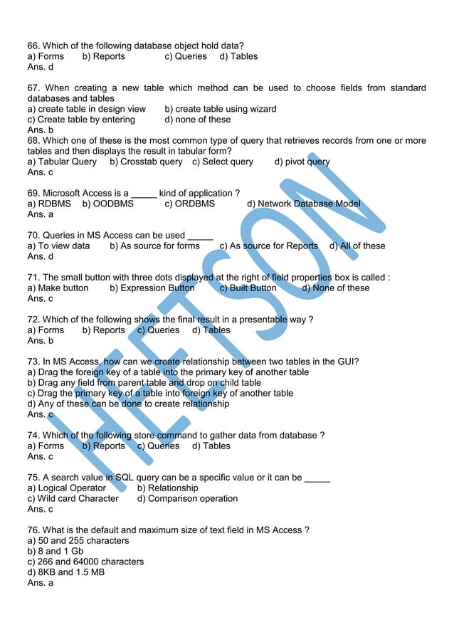 Ms Access Mcq Questions Microsoft Office Pdf