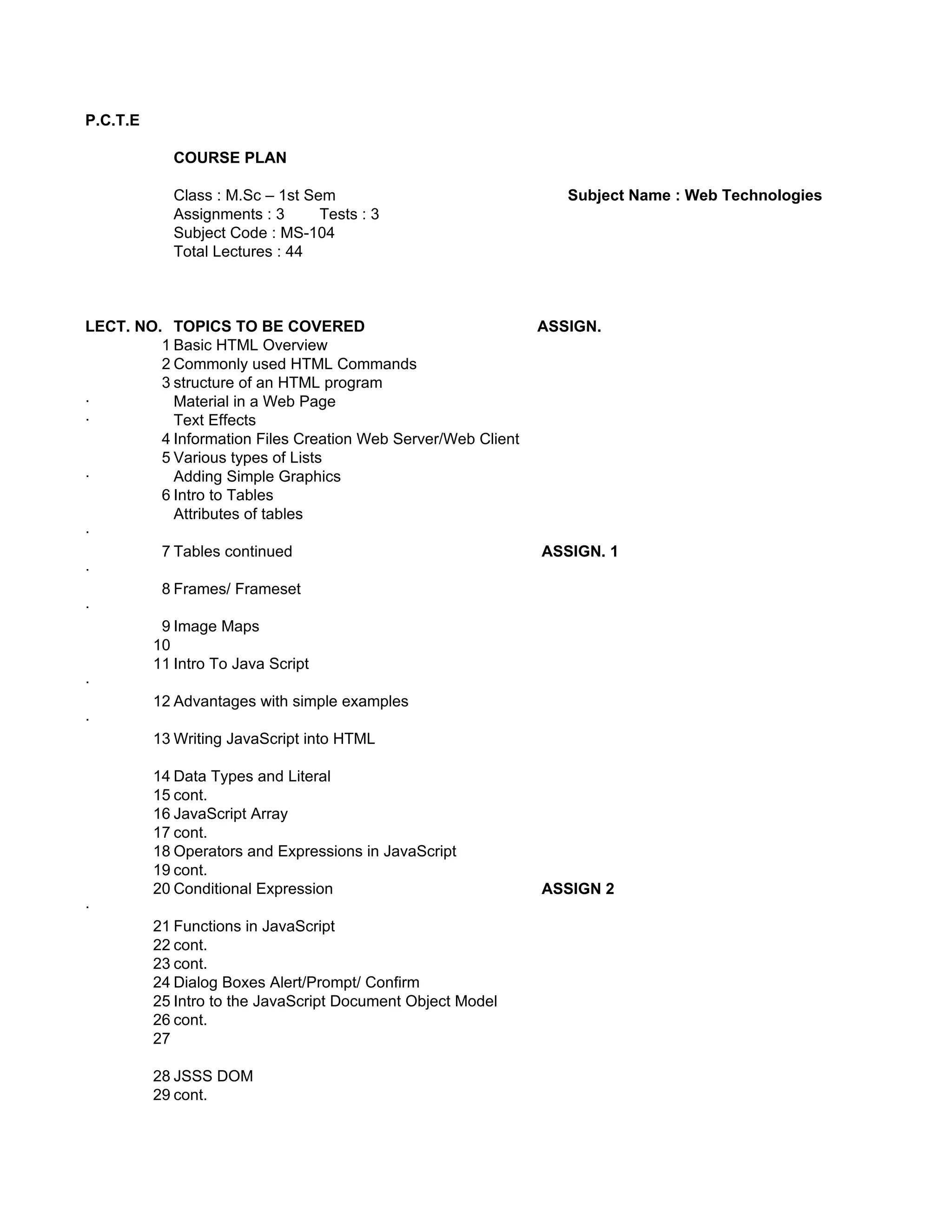 M.Sc-1 Web Technologies Course Module | XLS