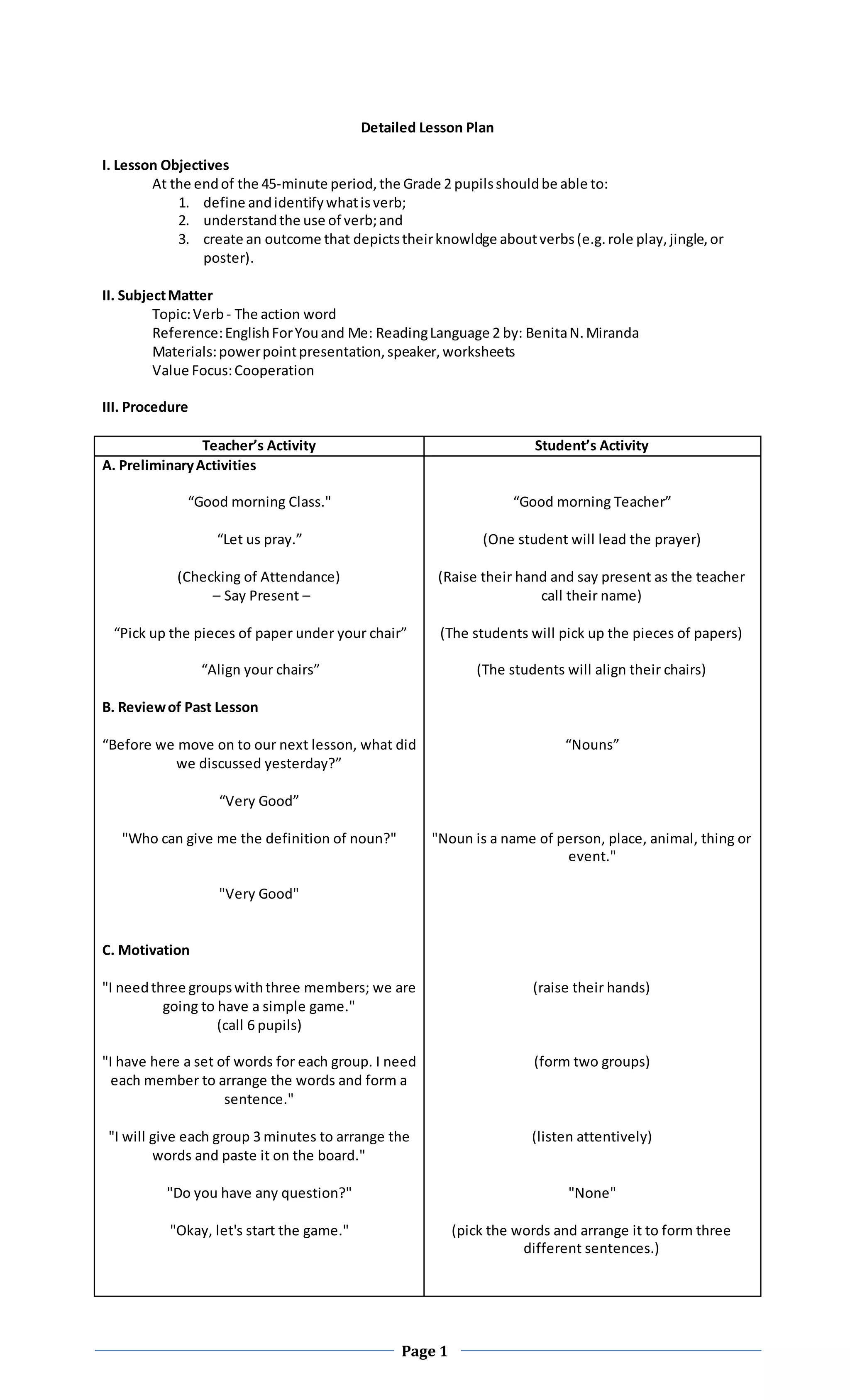 Detailed Lesson Plan in English 2 (Verbs) | DOCX