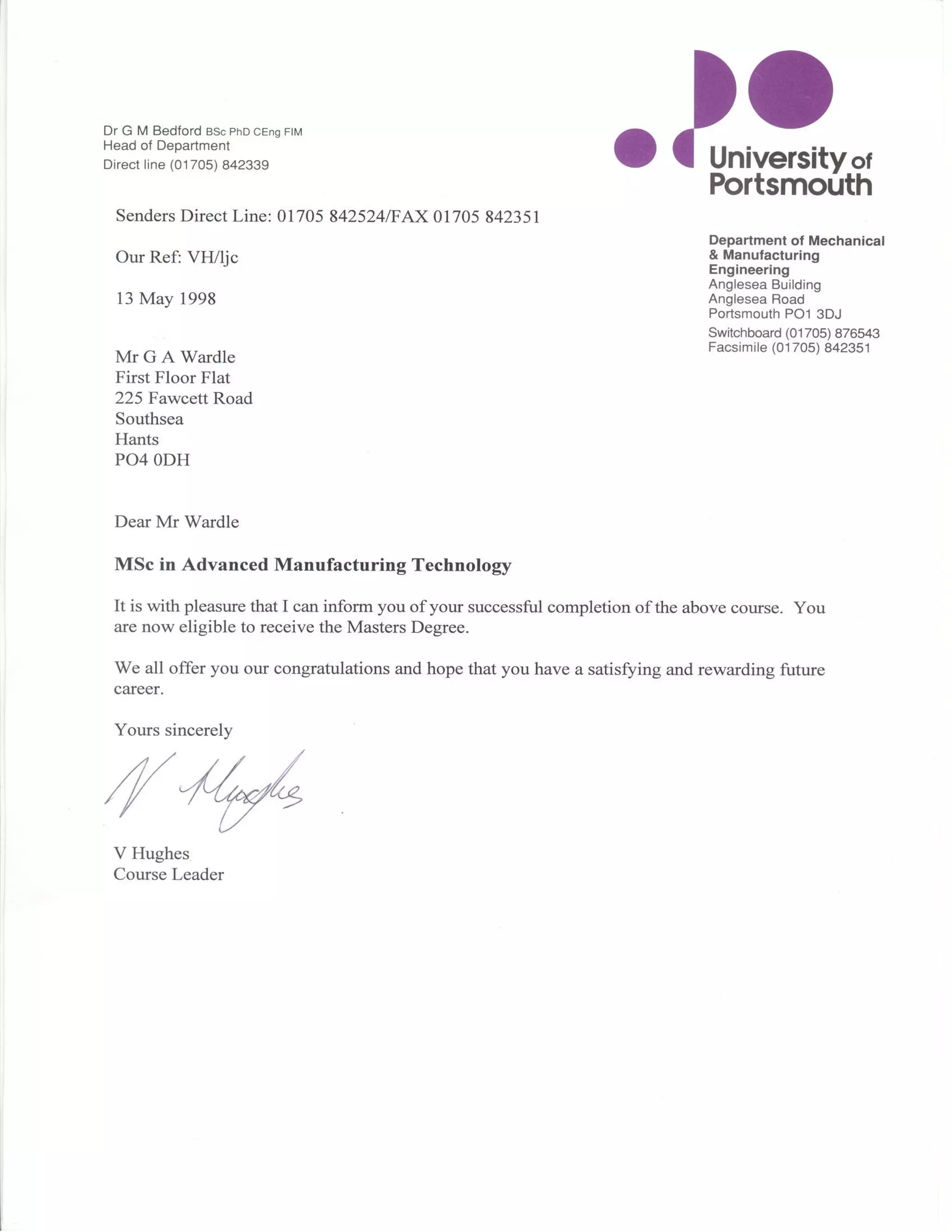 MSc in AMT University of Portsmouth award letter | PDF
