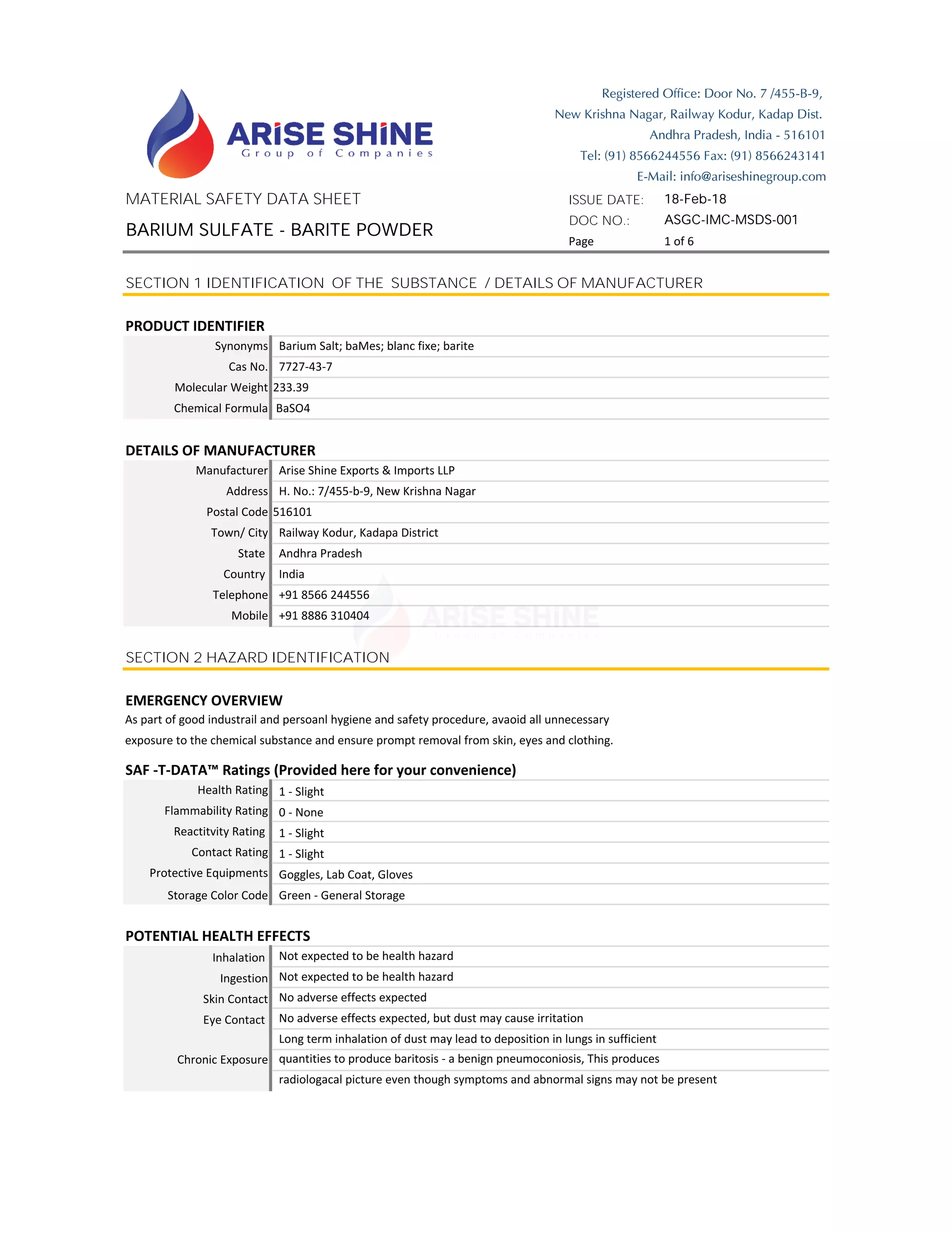 Barite MSDS - ASGC-IMC-MSDS-001 | PDF