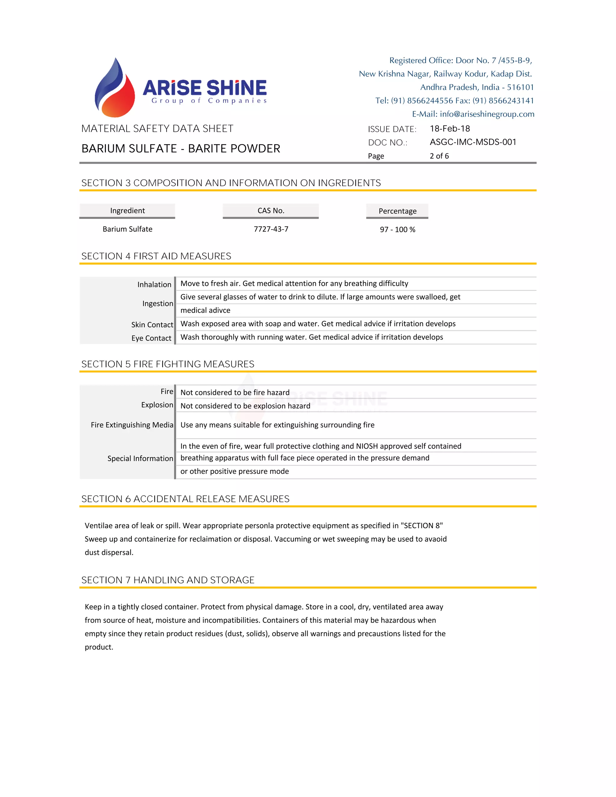 Barite MSDS - ASGC-IMC-MSDS-001 | PDF