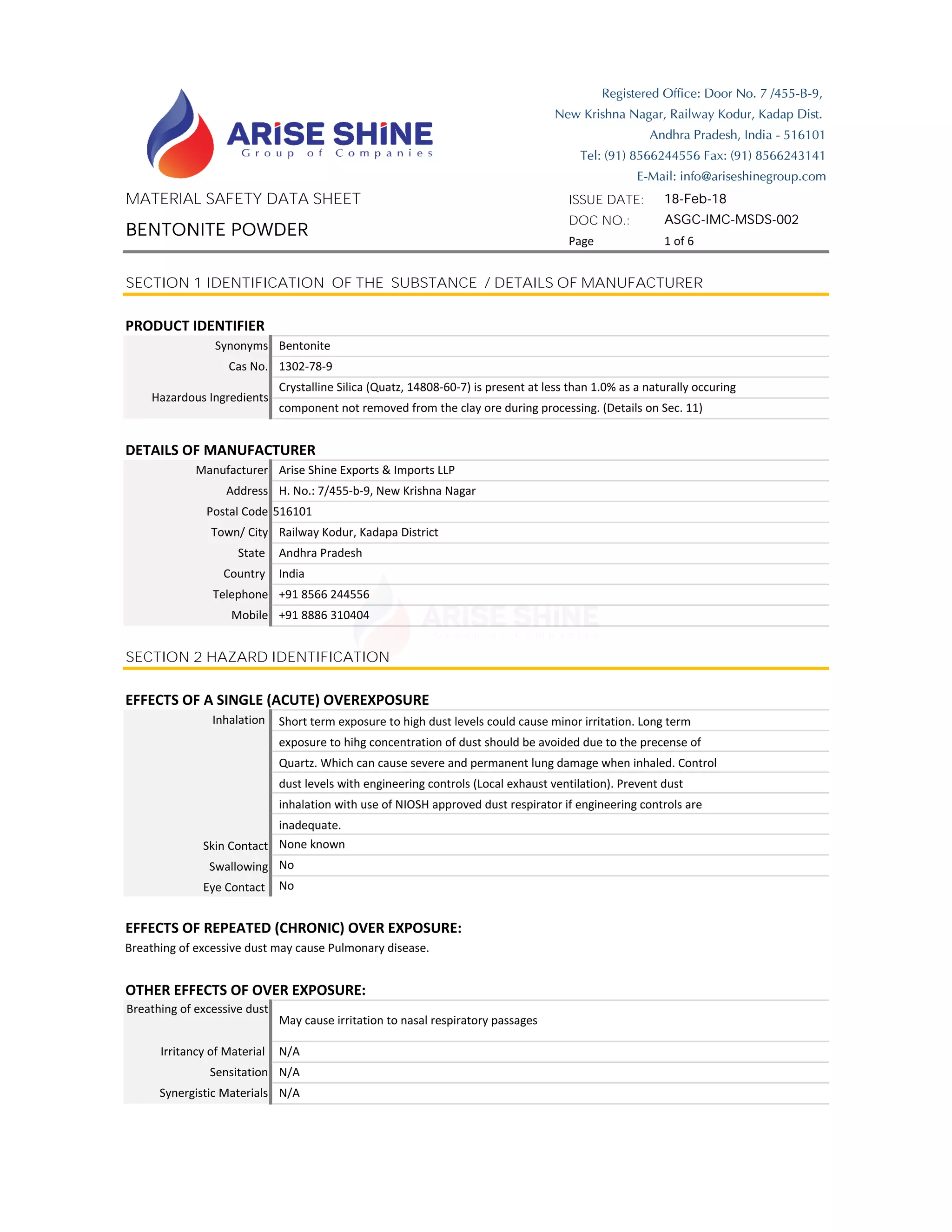 Bentonite MSDS ASGC-IMC-MSDS-002 | PDF