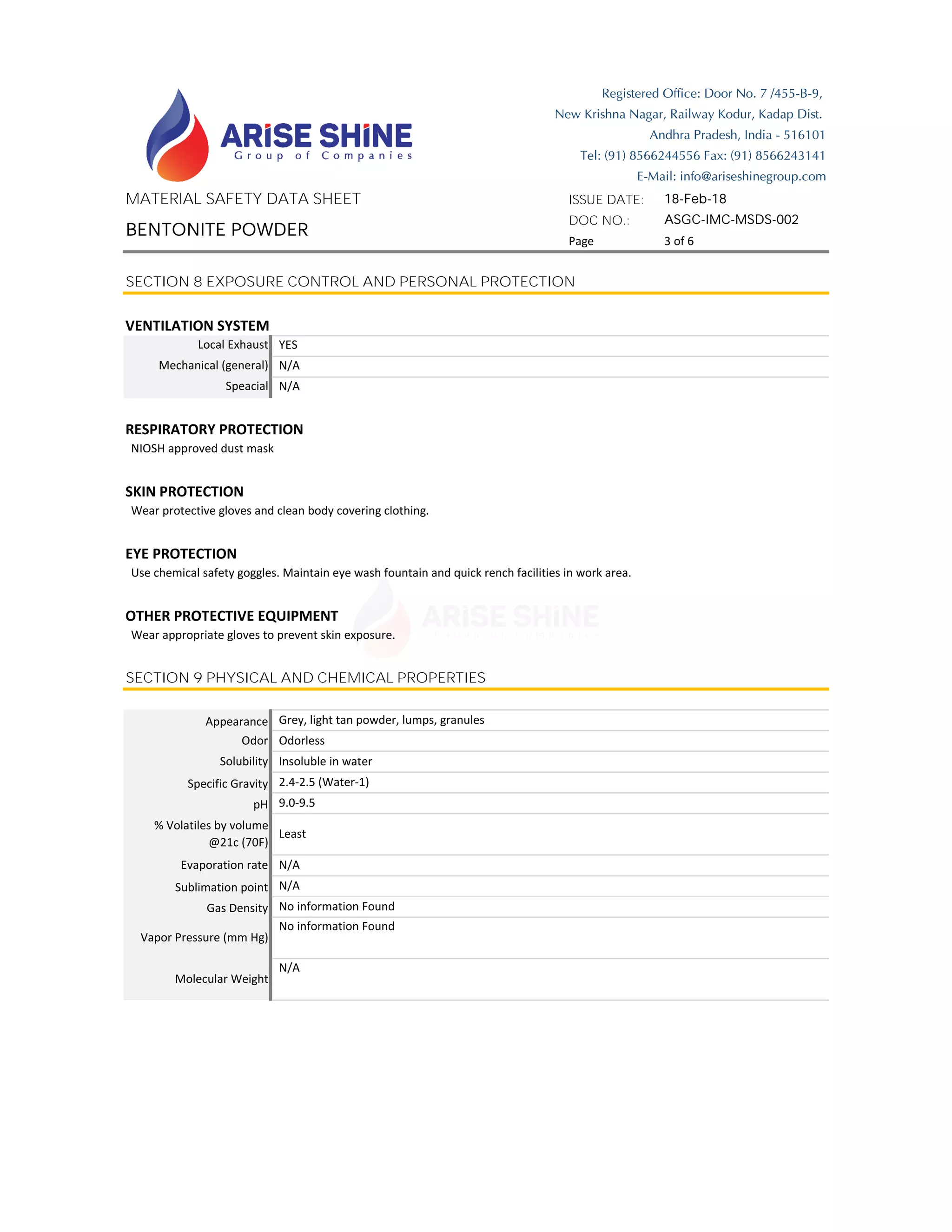 Bentonite MSDS ASGC-IMC-MSDS-002 | PDF