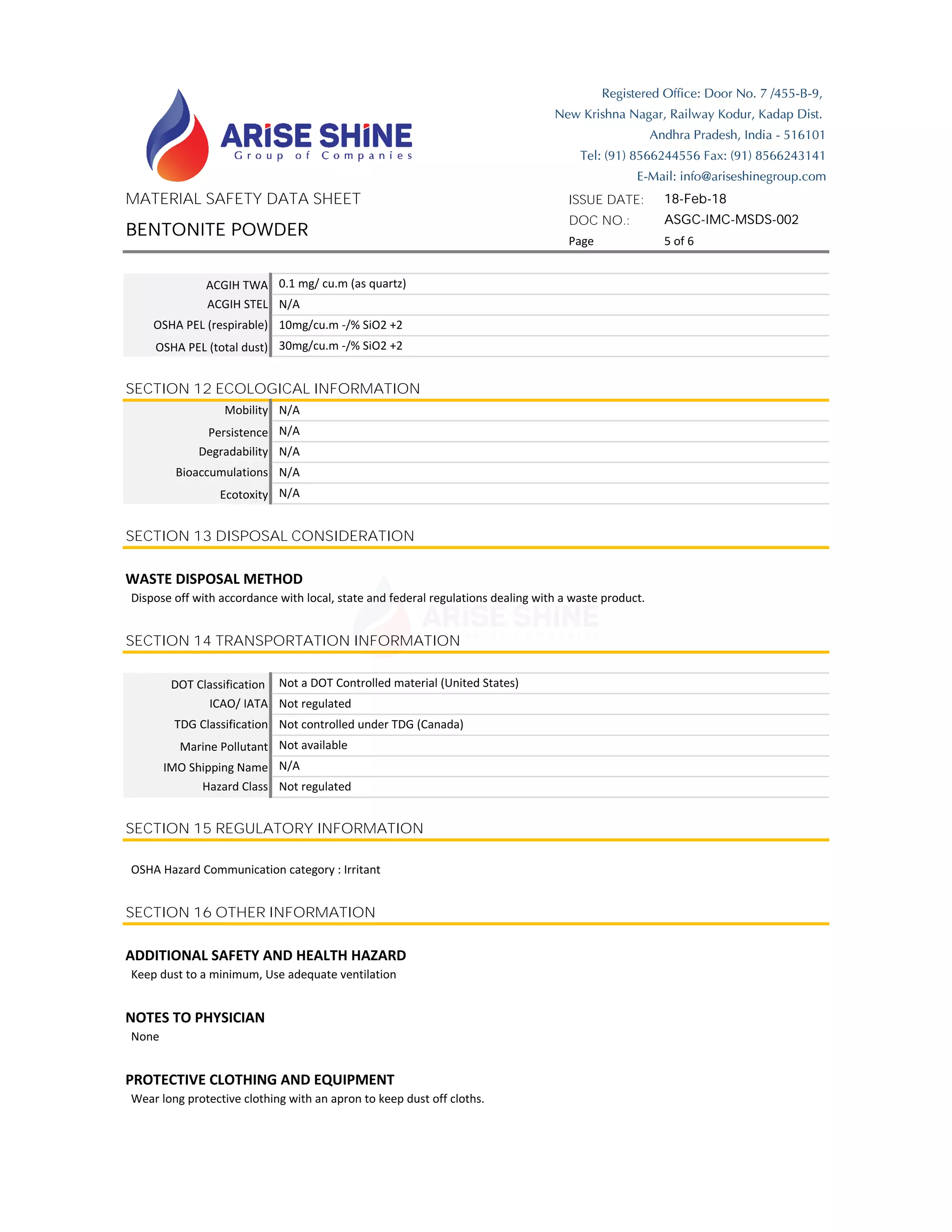Bentonite MSDS ASGC-IMC-MSDS-002 | PDF