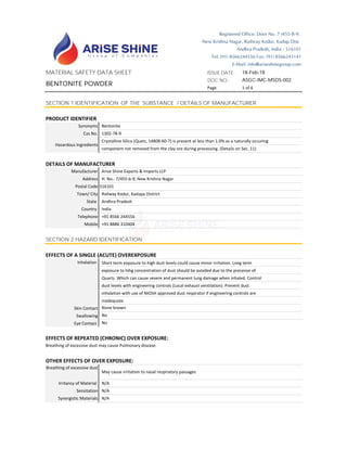 Bentonite MSDS ASGC-IMC-MSDS-002 | PDF
