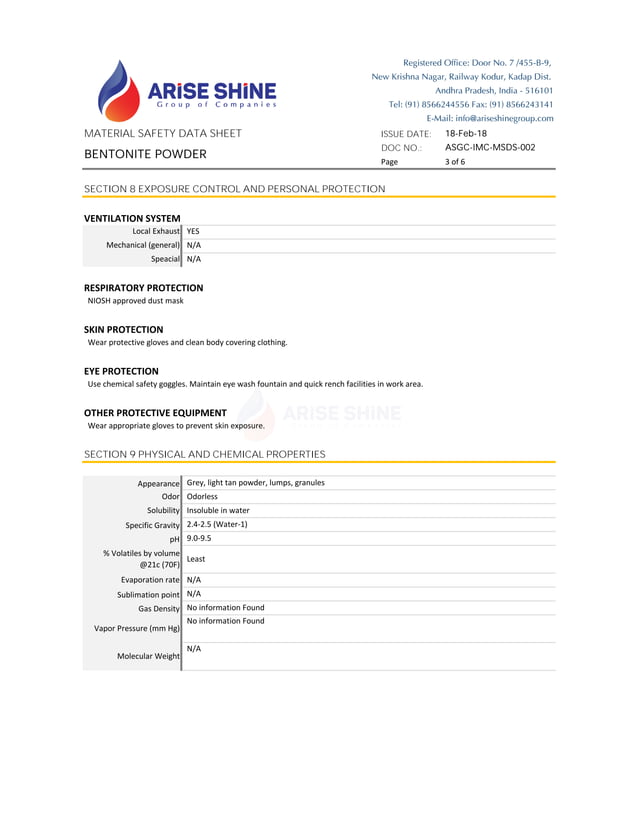Bentonite MSDS ASGC-IMC-MSDS-002 | PDF