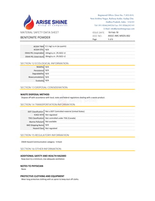 Bentonite MSDS ASGC-IMC-MSDS-002 | PDF