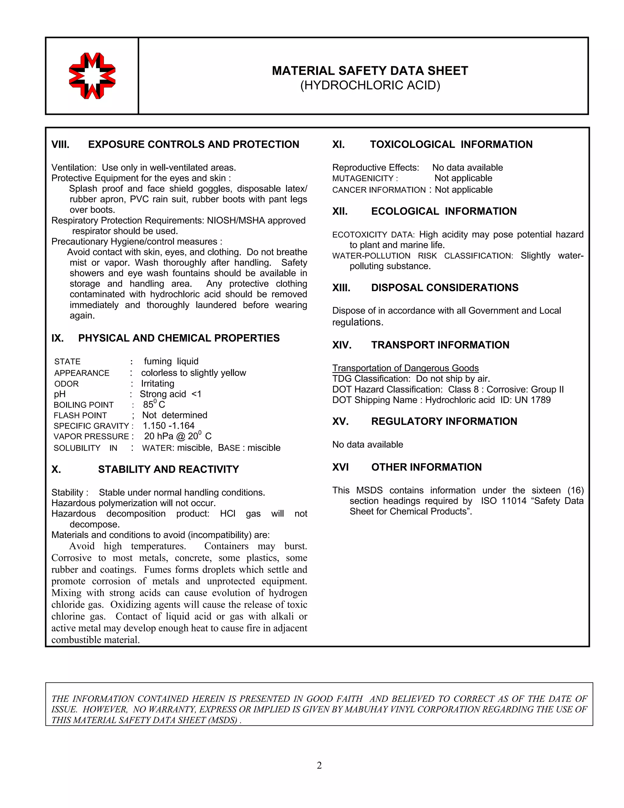 Msds hcl | PDF