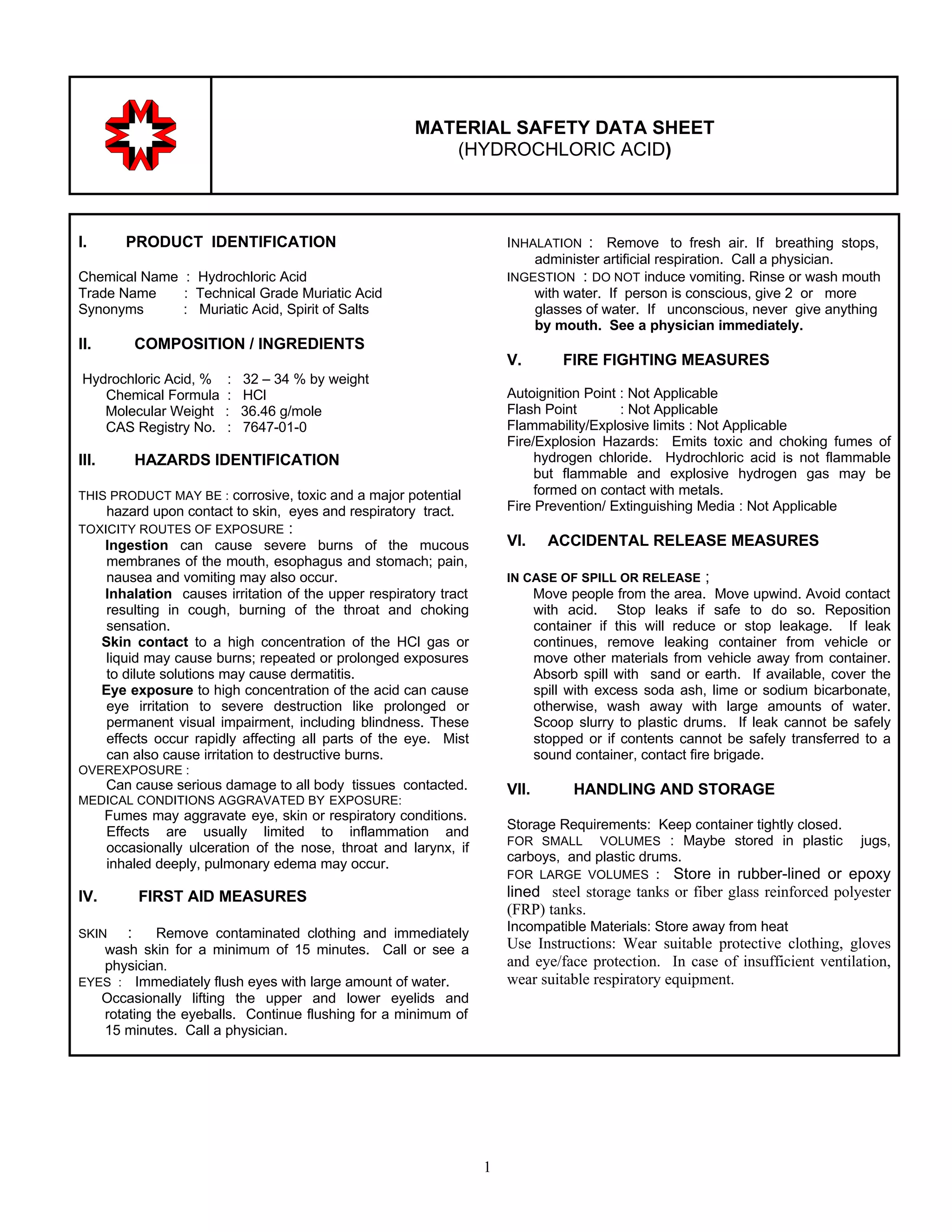 Msds hcl | PDF