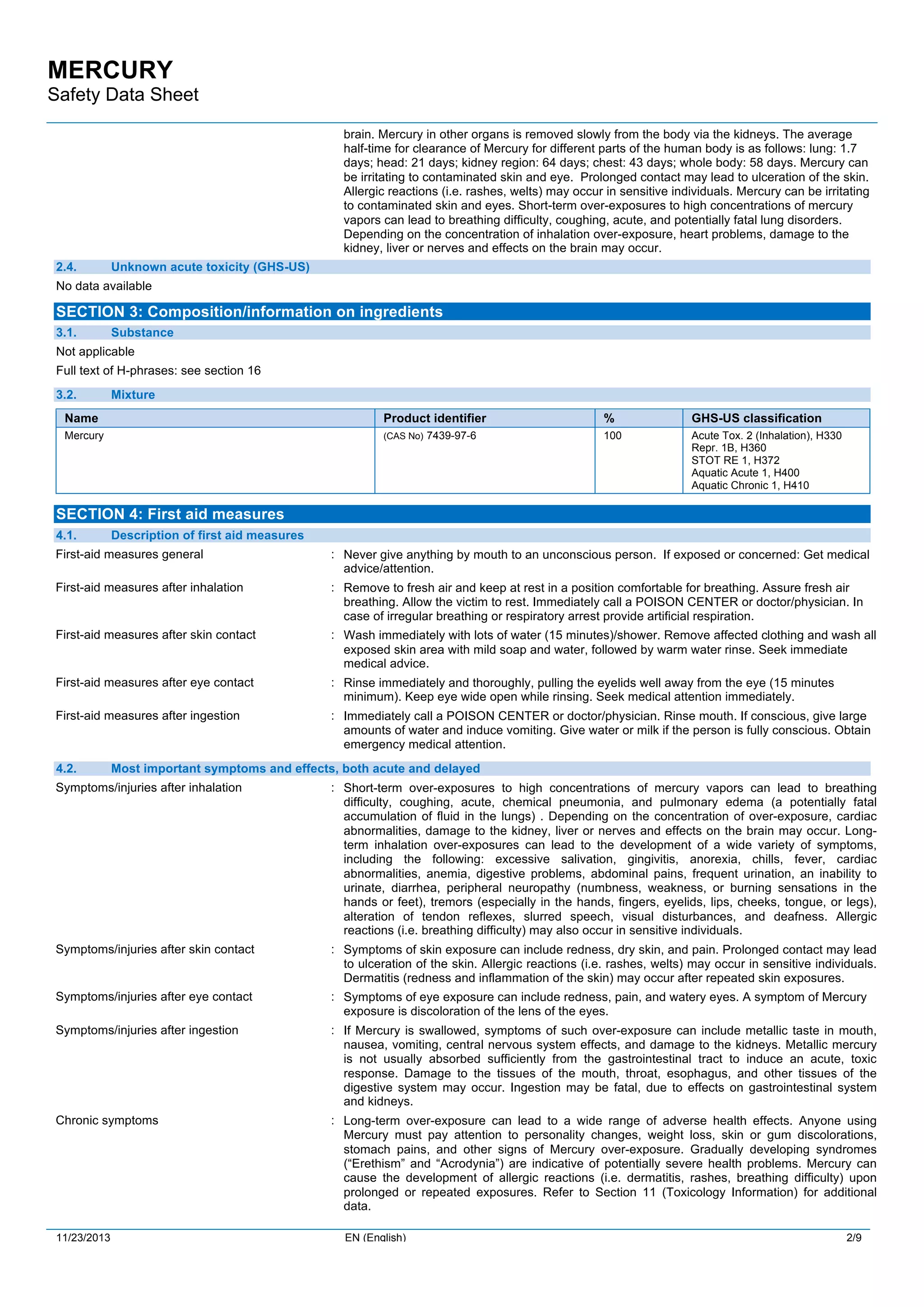 MSDS Silvery White Liquid Mercury Hg | PDF