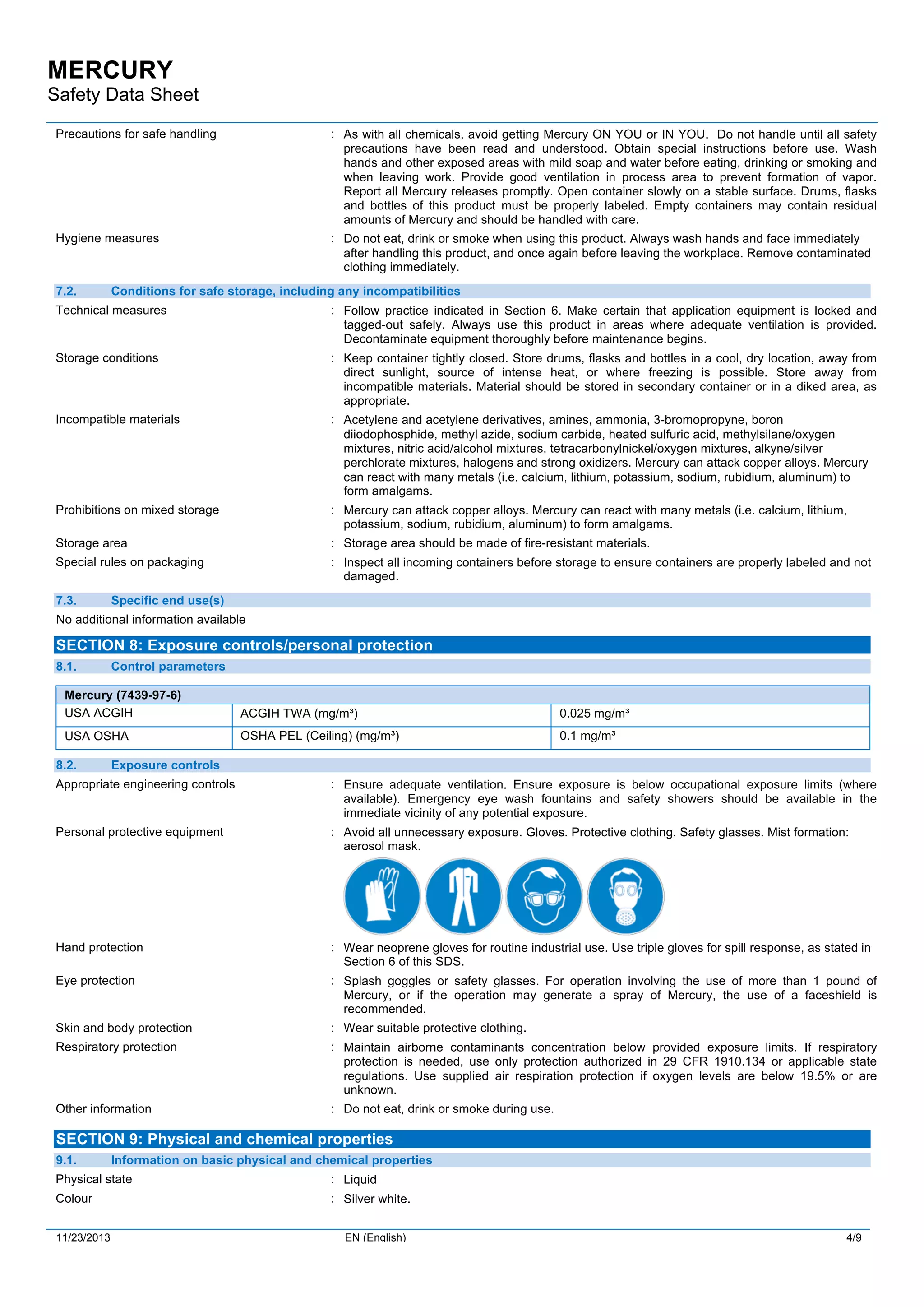 MSDS Silvery White Liquid Mercury Hg | PDF