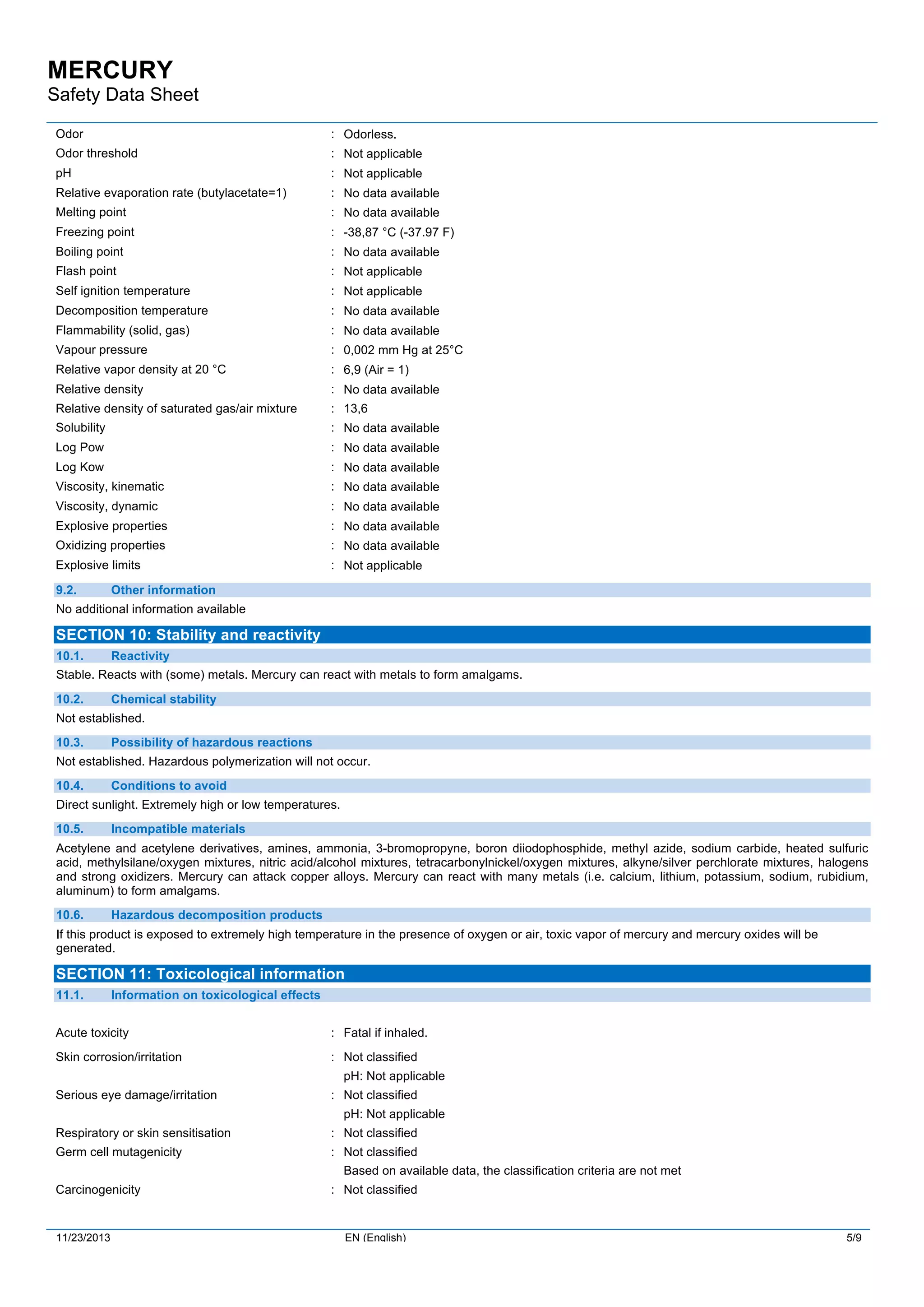 MSDS Silvery White Liquid Mercury Hg | PDF