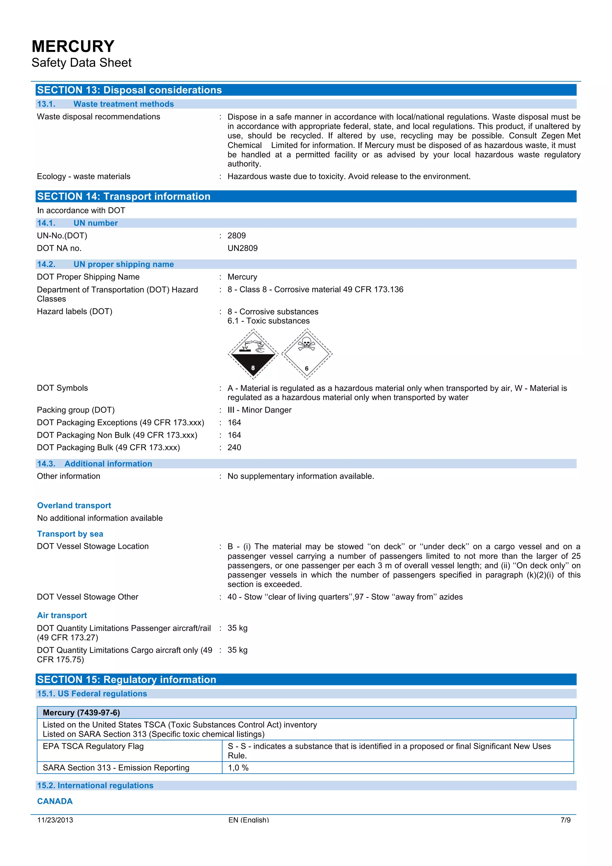 MSDS Silvery White Liquid Mercury Hg | PDF