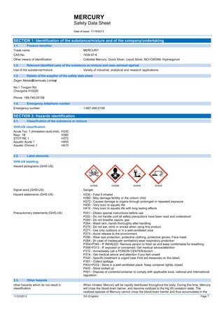 MSDS Silvery White Liquid Mercury Hg | PDF
