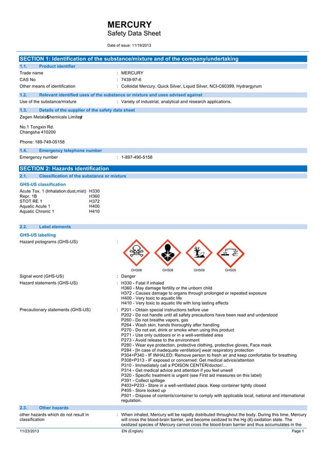 MSDS Silvery White Liquid Mercury Hg | PDF