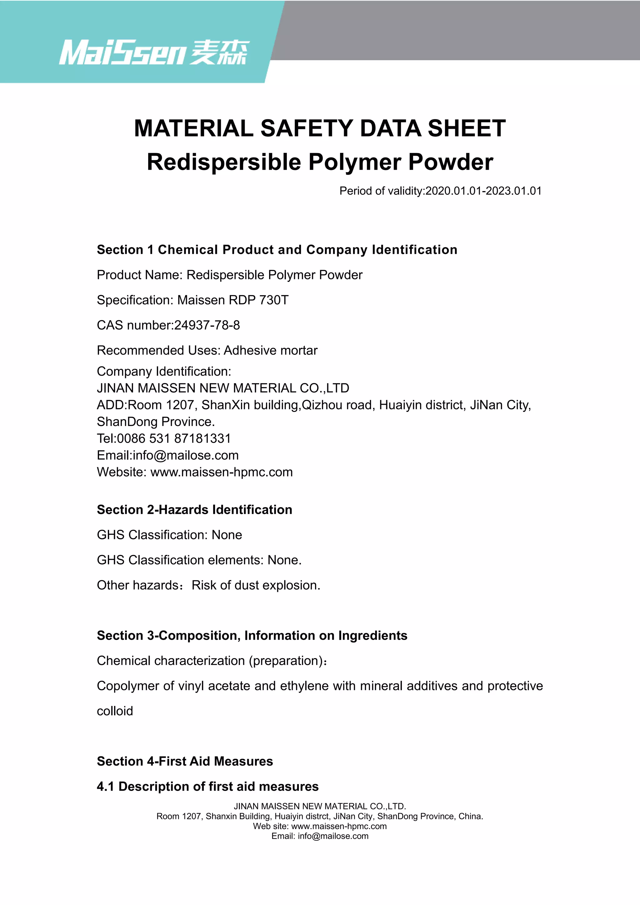 MSDS of redispersible polymer powder | PDF